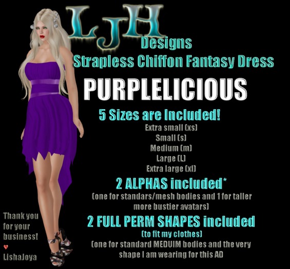 Second Life Marketplace - [LJH] Designs Strapless Chiffon Fantasy Dress ...