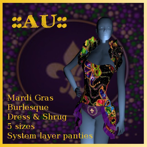 Second Life Marketplace - ::AU:: Burlesque Dress & Shrug - Mardi Gras