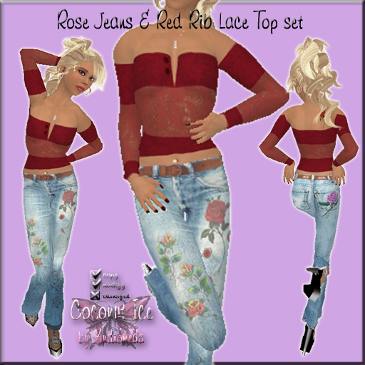 Second Life Marketplace - Rose Jeans & Red Rib Lace Top Set