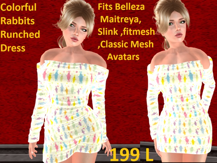 Second Life Marketplace - Colorful Rabbits runched Dress....Fits ...