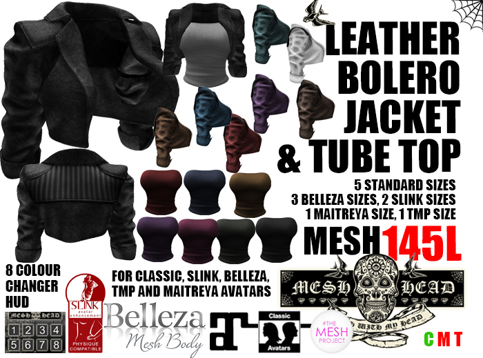 Second Life Marketplace - Mesh Head - Leather Bolero Jacket & Tube Top ...