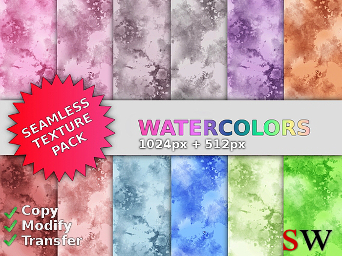 Second Life Marketplace - -SW- Seamless Watercolors Texture Pack -1024/512-