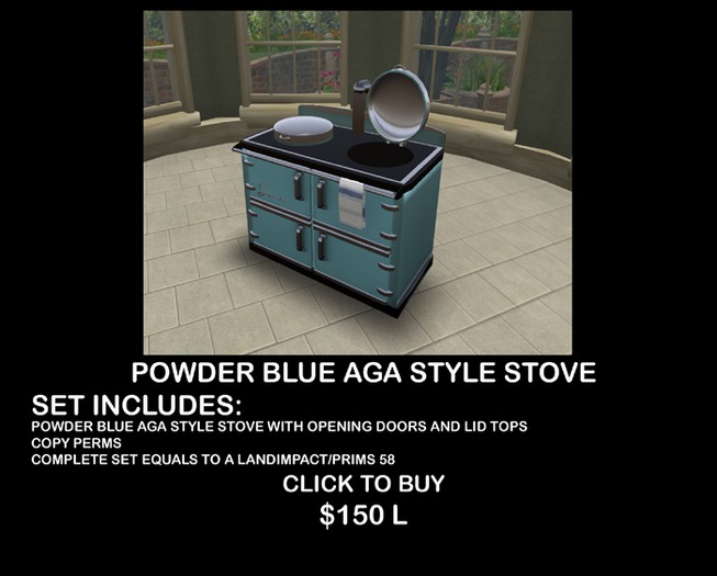 Second Life Marketplace - POWDER BLUE AGA STYLE STOVE WITH OPENING DOORS