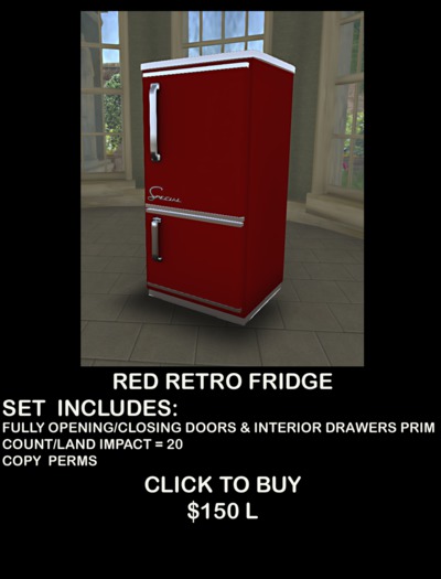 Second Life Marketplace - RED RETRO FRIDGE WITH OPENING & CLOSING DOORS