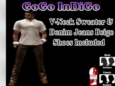 Second Life Marketplace - (GI) V-Neck Sweater & Denim Jeans Beige