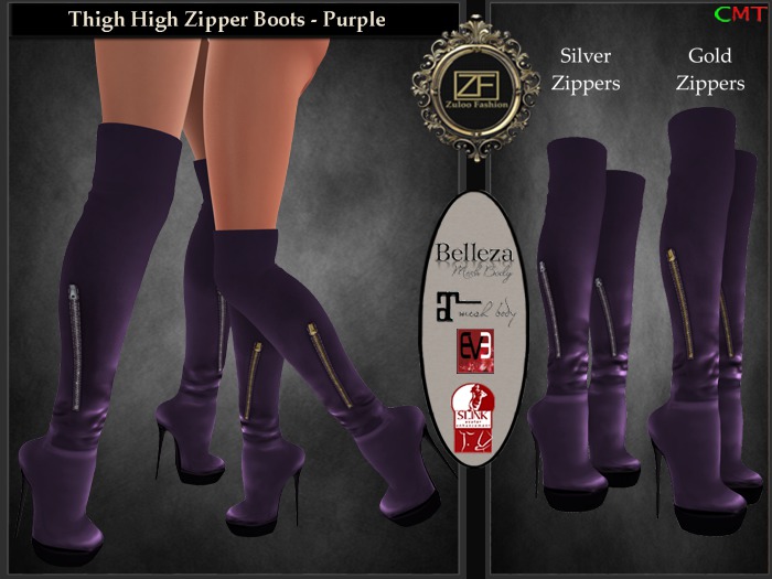 Second Life Marketplace - Zuloo - Thigh High Zipper Boots - Purple - 2 ...