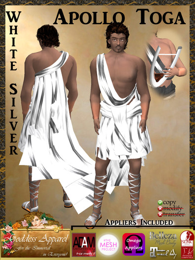 Second Life Marketplace - *Goddess* Apollo Toga Costume in White Silver ...