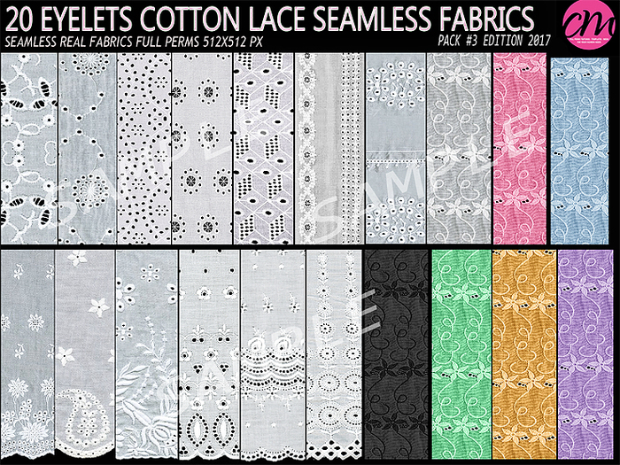Second Life Marketplace - 20 eyelet cotton lace fabrics seamless pack 3 ...