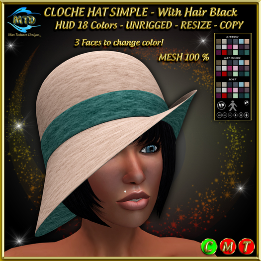 Second Life Marketplace - CLOCHE HAT SIMPLE - With Hair BLACK - 18 ...