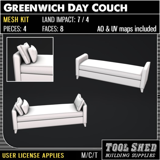 Second Life Marketplace - Tool Shed - Greenwich Day Couch Mesh Kit