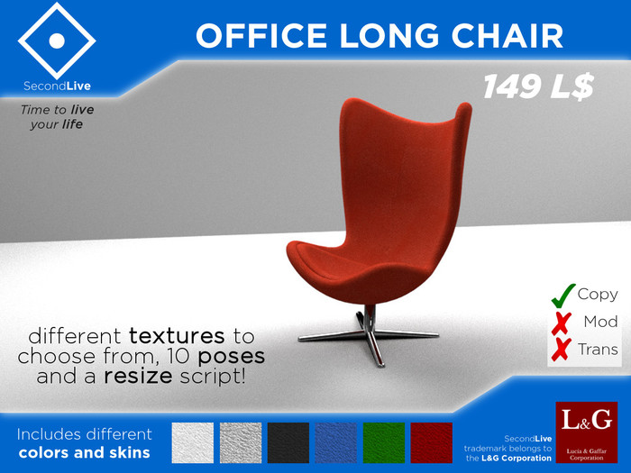 Second Life Marketplace - Office Long Chair (Mesh, PG, Poses, HUD)