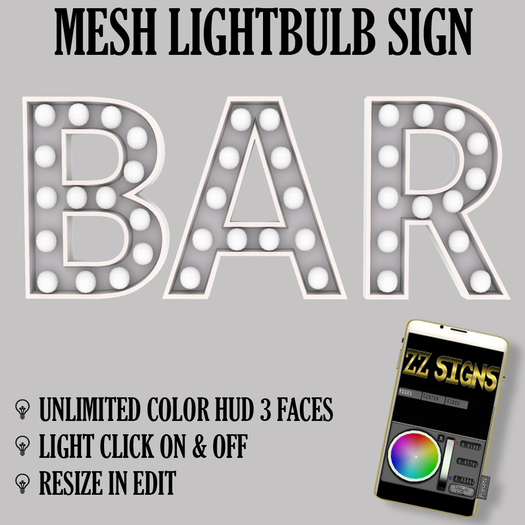 Second Life Marketplace - ZZ Signs Light Bulb Sign BAR Unlimited Color ...