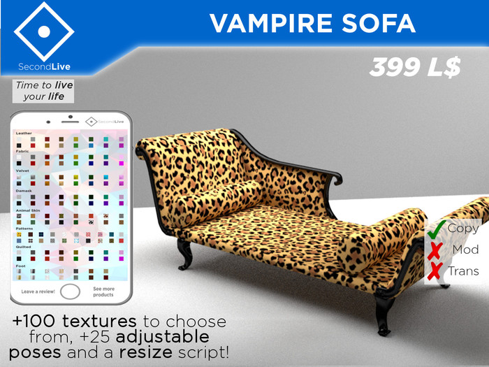 Second Life Marketplace - Vampire Sofa (+100 textures) (Mesh, PG, Poses ...
