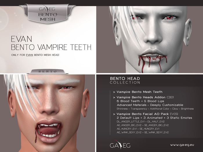 Second Life Marketplace - DISCOUNTED !!! [GA.EG] Evan Bento Vampire Teeth