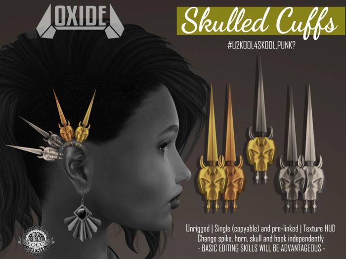 Second Life Marketplace - OXIDE Skulled Cuffs ORIGINAL MESH (Texture ...