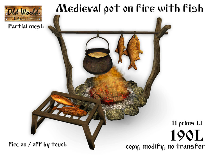 Second Life Marketplace - Medieval pot on the fire with fish - Old ...