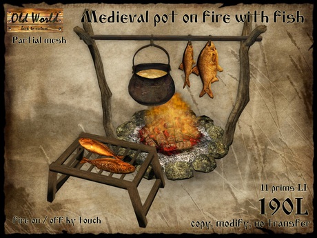 Second Life Marketplace - Medieval pot on the fire with fish - Old ...