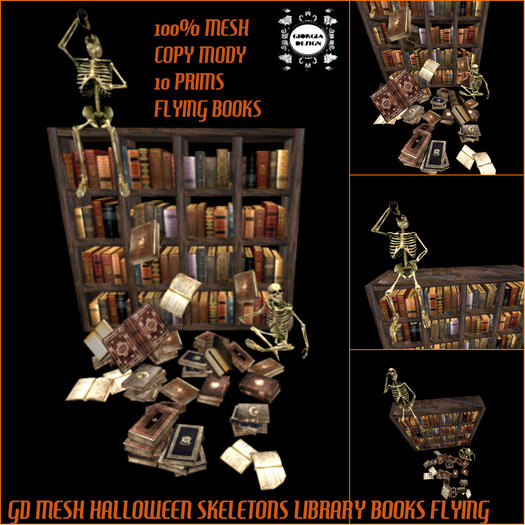 Second Life Marketplace - GD MESH HALLOWEEN SKELETONS LIBRARY BOOKS FLYING