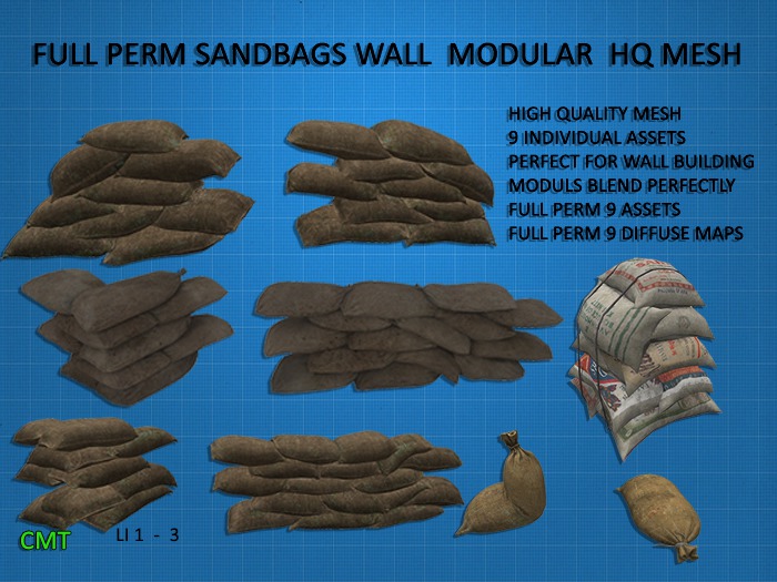 Second Life Marketplace - Full Perm Sandbags Wall Modular Mesh