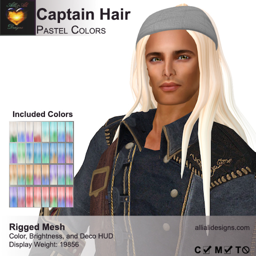 Second Life Marketplace - A&A Captain Hair Pastel Colors Pack. Long ...