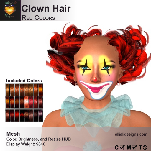 Second Life Marketplace - A&A Clown Hair Mesh Red Colors Pack. Clown hair