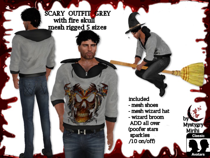 Second Life Marketplace - Scary outfit grey hoodie with skull fire ...