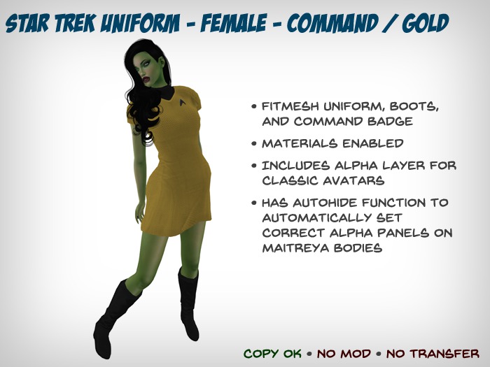 Second Life Marketplace - Fitmesh Star Trek Dress (Kelvinverse) - Gold ...