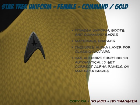 Second Life Marketplace - Fitmesh Star Trek Dress (Kelvinverse) - Gold ...