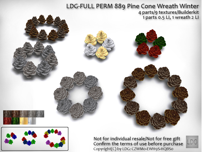 Second Life Marketplace - LDG-FULL PERM 889 Pine Cone Wreath Winter /4 parts/9 textures/Builderkit