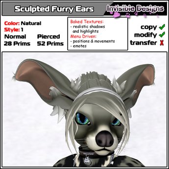 Second Life Marketplace - Invisible Designs - Sculpted Furry Ears 1 natural