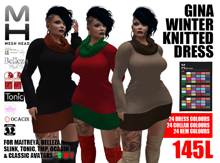 Second Life Marketplace - Mesh Head - Gina Winter Knitted Dress - DEMO ...