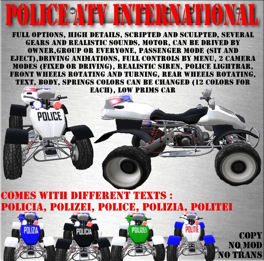 Second Life Marketplace - International Police ATV - Police quad ...