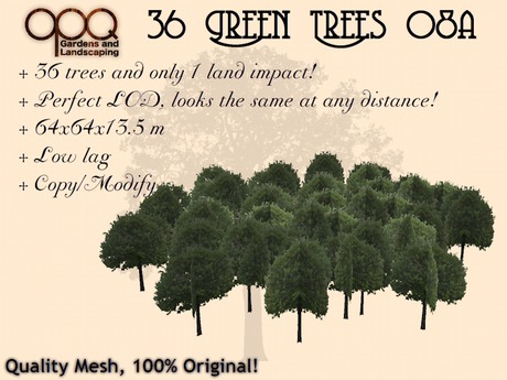 Second Life Marketplace - OPQ 36 Green Trees 08a - 36 trees, 1 Land Impact!
