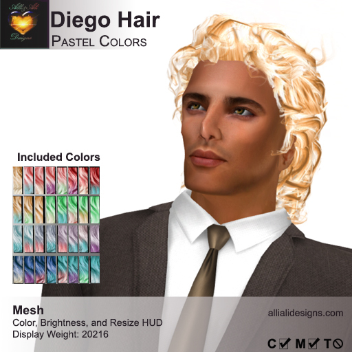 Second Life Marketplace - A&A Diego Hair Mesh Pastel Colors Pack. Mens ...