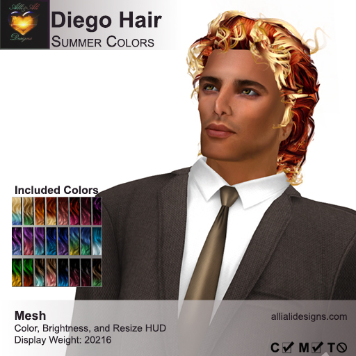 Second Life Marketplace - A&A Diego Hair Mesh Summer Colors Pack. Mens ...
