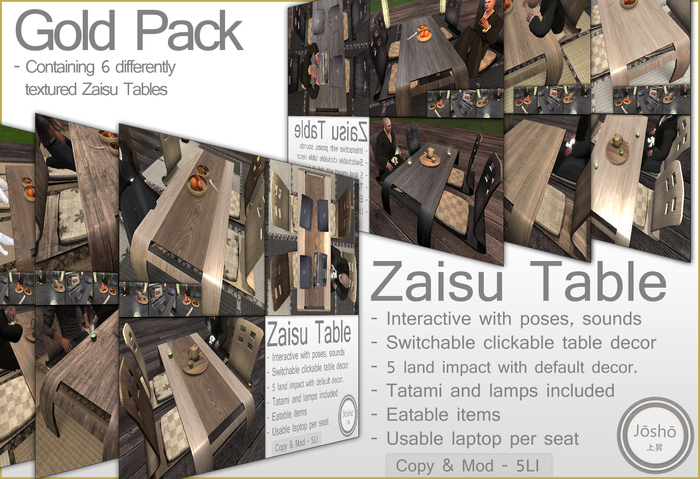 Second Life Marketplace - Josho - Zaisu Table - Gold Pack