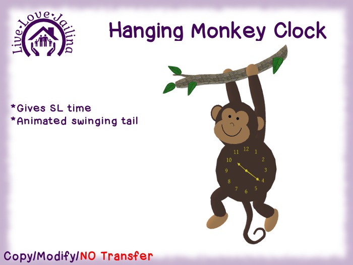 Second Life Marketplace - Live ♥ Love ♥ Jailina - HANGING MONKEY CLOCK (BOXED)