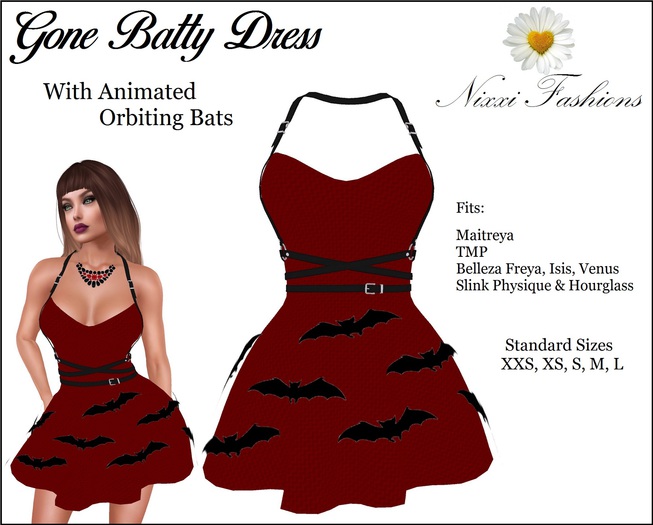 Second Life Marketplace - Nixxi Fashions - Gone Batty Dress (Animated Bats)