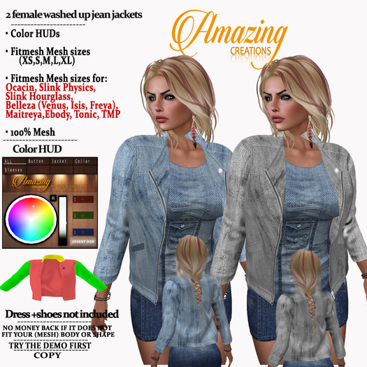 Second Life Marketplace - AmAzINg CrEaTiOnS 2 Female Washed up jean jackets