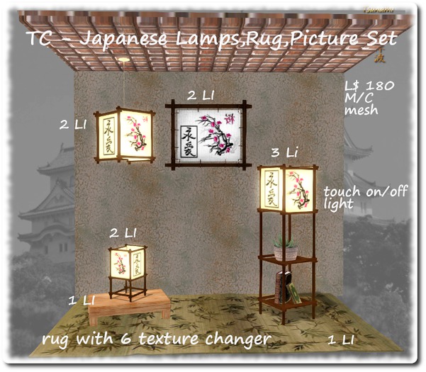 Second Life Marketplace - TC - Japanese Lamps,Rug,Picture Set