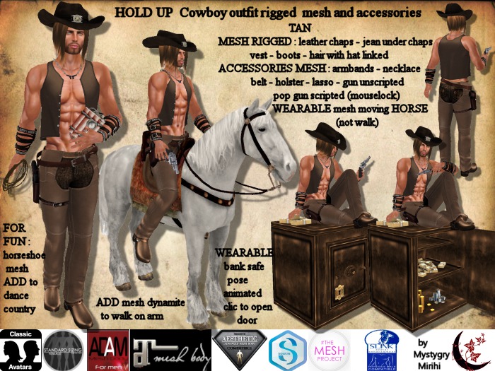 Second Life Marketplace - Hold Up Cowboy tan outfit mesh rigged horse ...