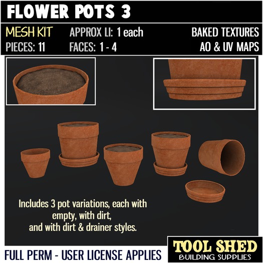Second Life Marketplace - Tool Shed - Flower Pots 3 Mesh Kit