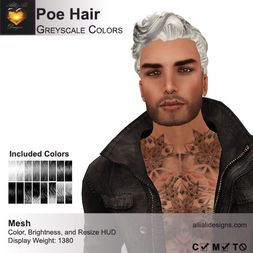 Second Life Marketplace - A&A Poe Hair Mesh Greyscale Colors Pack. Mens ...