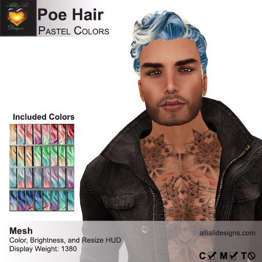 Second Life Marketplace - A&A Poe Hair Mesh Pastel Colors Pack. Mens ...
