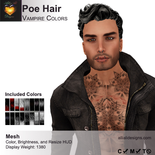 Second Life Marketplace - A&A Poe Hair Mesh Vampire Colors Pack. Mens ...
