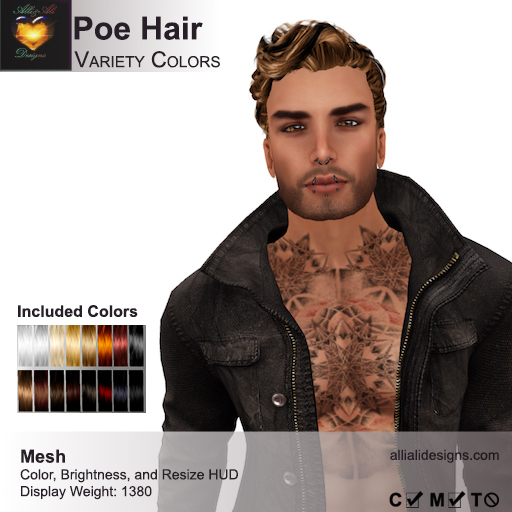 Second Life Marketplace - A&A Poe Hair Mesh Variety Colors Pack. Mens ...