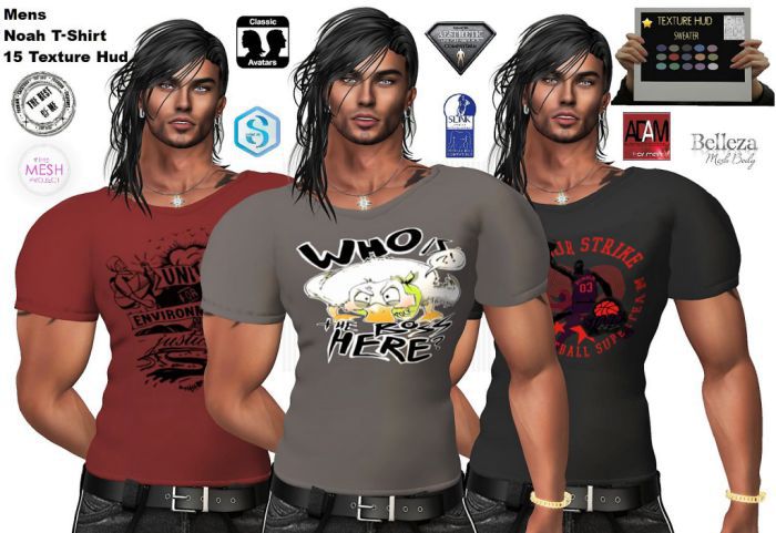 Second Life Marketplace - Mens Noah T-Shirt 15 Texture Hud