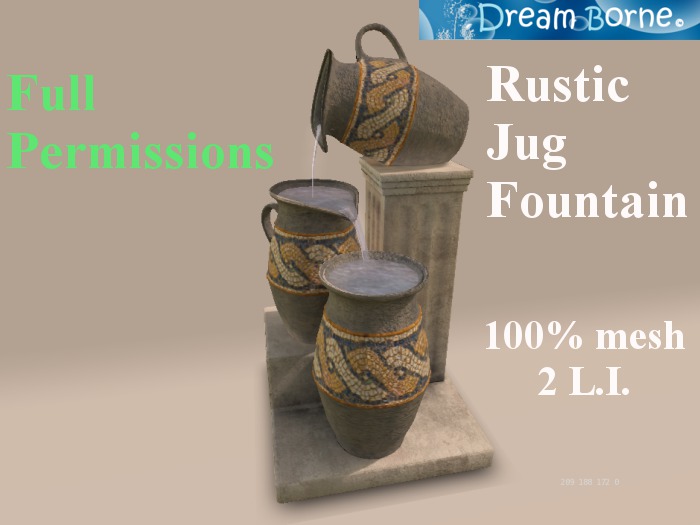 Second Life Marketplace - DREAM BORNE rustic jug fountain full perm mesh