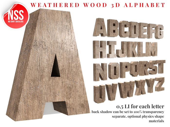 Second Life Marketplace - [NSS] weathered wood 3D alphabet