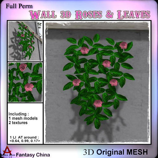 Second Life Marketplace - FC- Full Perm Mesh Wall 3d Roses & Leaves